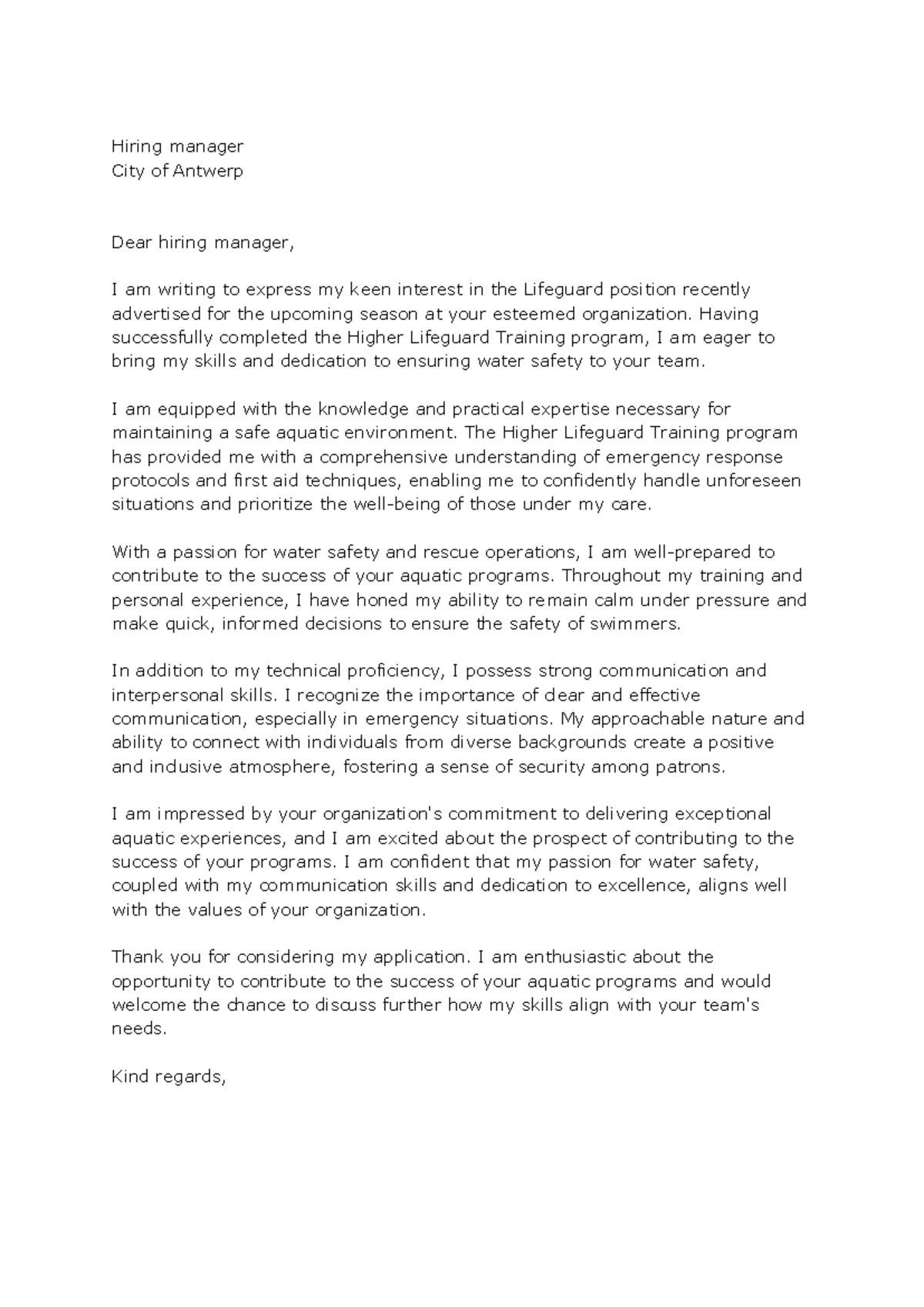 Cover Letter - Hiring manager City of Antwerp Dear hiring manager, I am ...