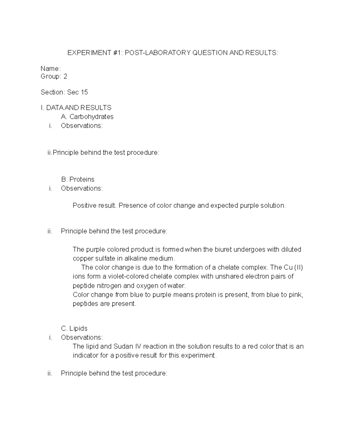 Experiment 1 POST-LABORATORY QUESTION AND RESULTS: - EXPERIMENT #1 ...