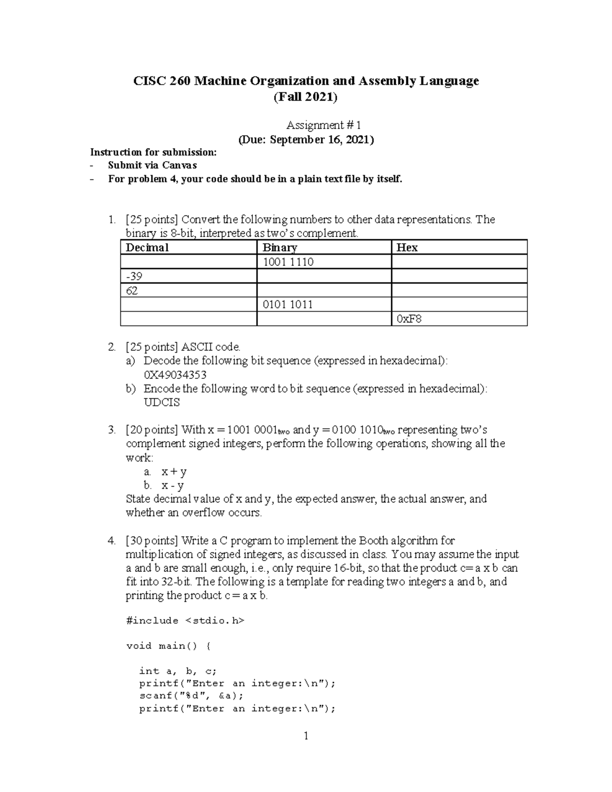 Cis260f21 hw1 - Homework sheet - 1 CISC 260 Machine Organization and Assembly Language (Fall ...