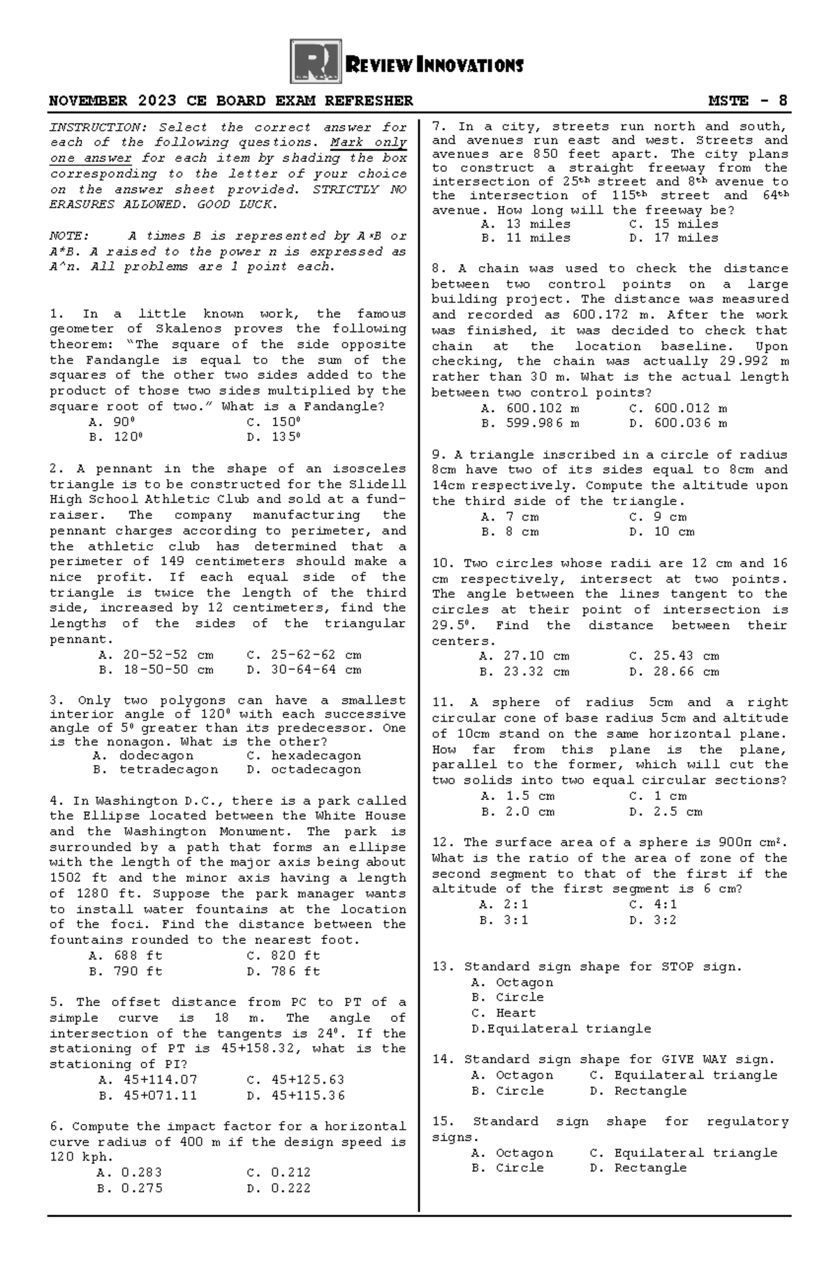 MSTE 8 - REVIEW INNOVATIONS NOVEMBER 2023 CE BOARD EXAM REFRESHER MSTE ...