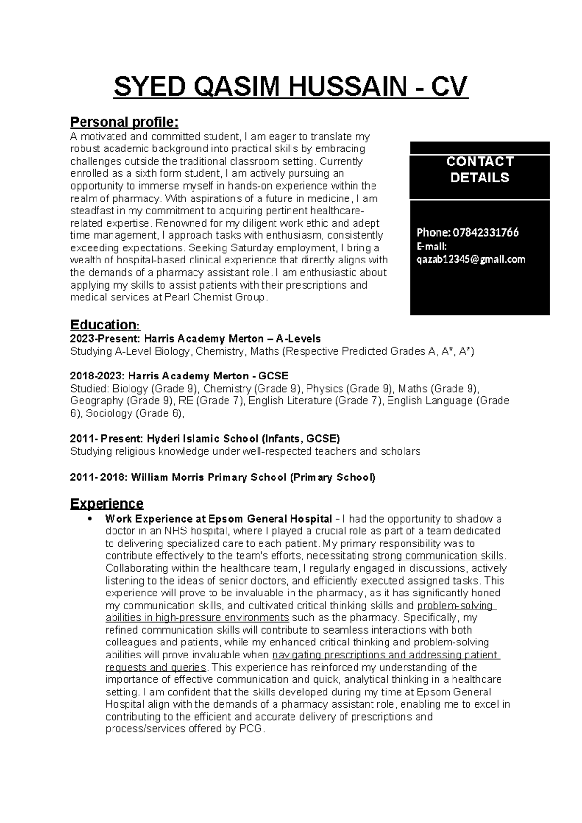 CV Qasim- Pharmacy - SYED QASIM HUSSAIN - CV Personal profile: A ...