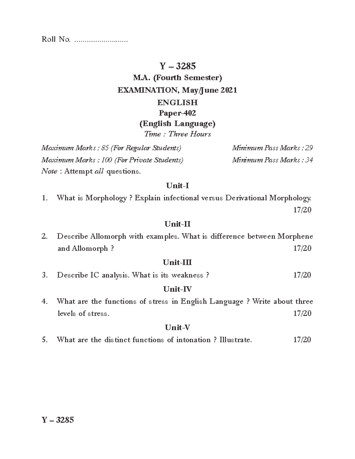 3285 English (English Language - Roll No. .......................... Y ...