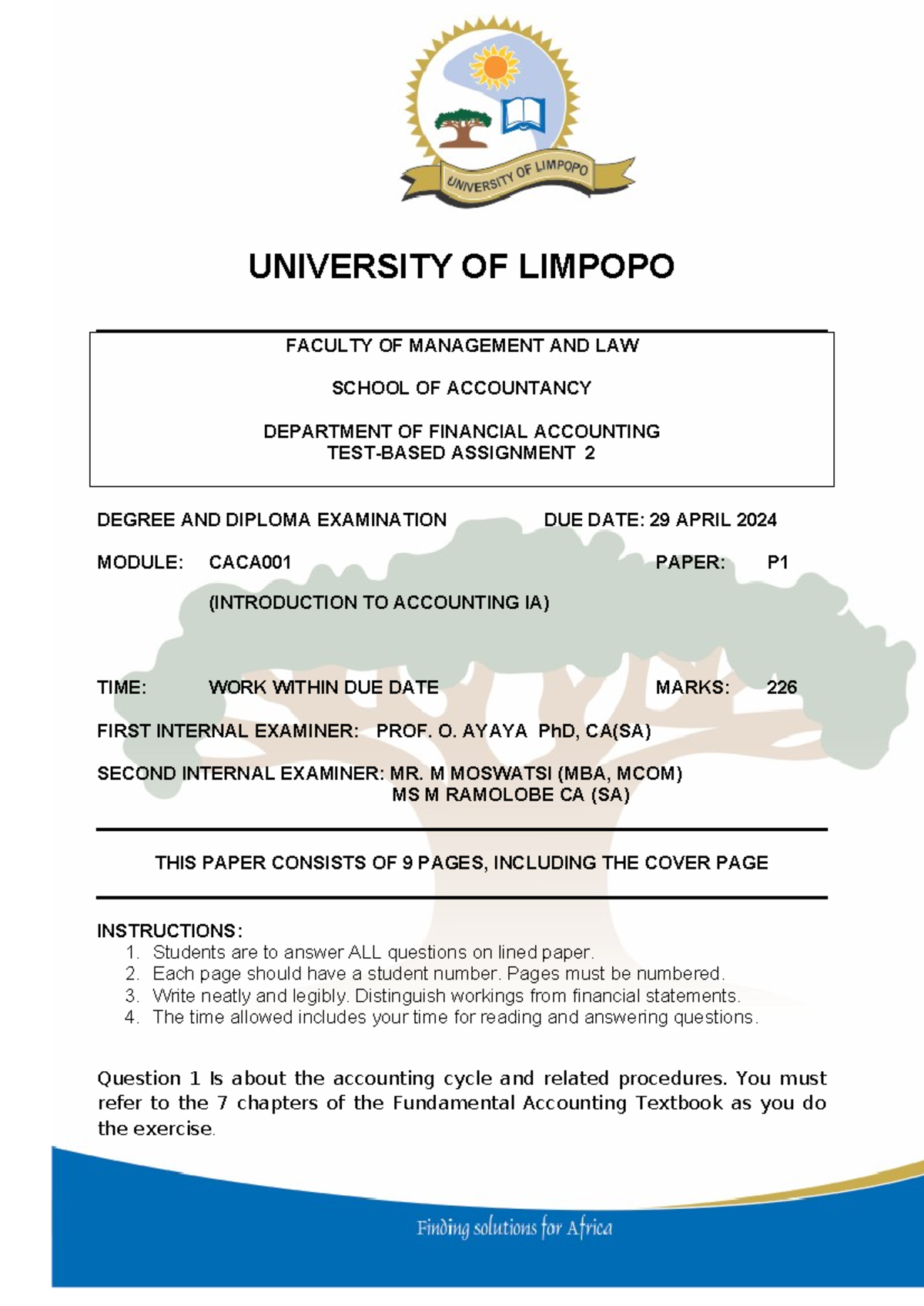 CACA001- TBA2- Question Paper 29 April 2024 - UNIVERSITY OF LIMPOPO ...