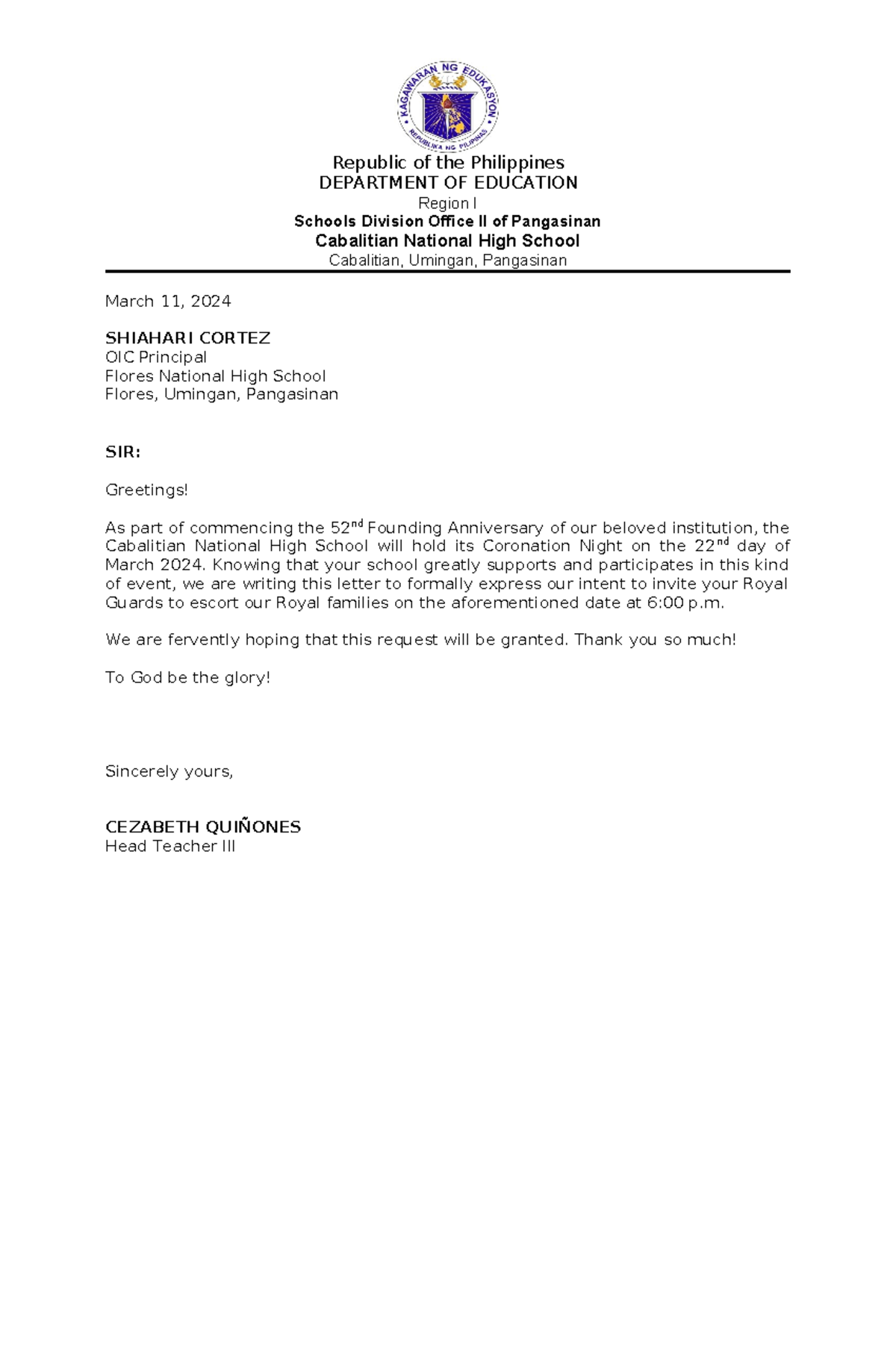 Royal Guards Letter - Republic of the Philippines DEPARTMENT OF ...