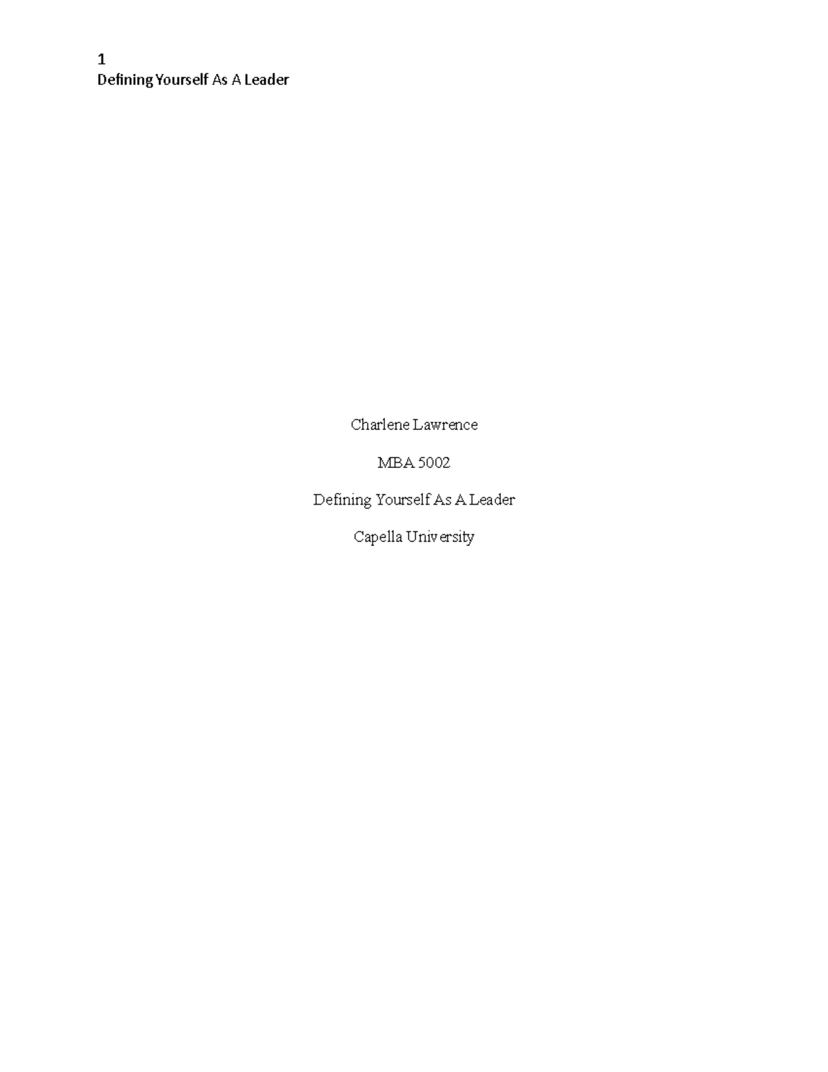 MBA-FPX Lawrence Charlene Assessment 2-1 - Defining Yourself As A ...