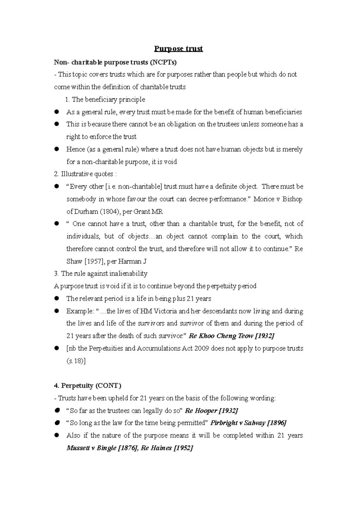 Purpose trust - Lecture notes 6 - Purpose trust Non- charitable purpose ...