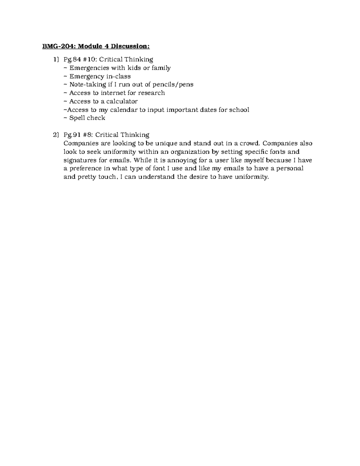 Module 4 - Discussion (BMG 204) - BMG-204: Module 4 Discussion: 1)Pg ...