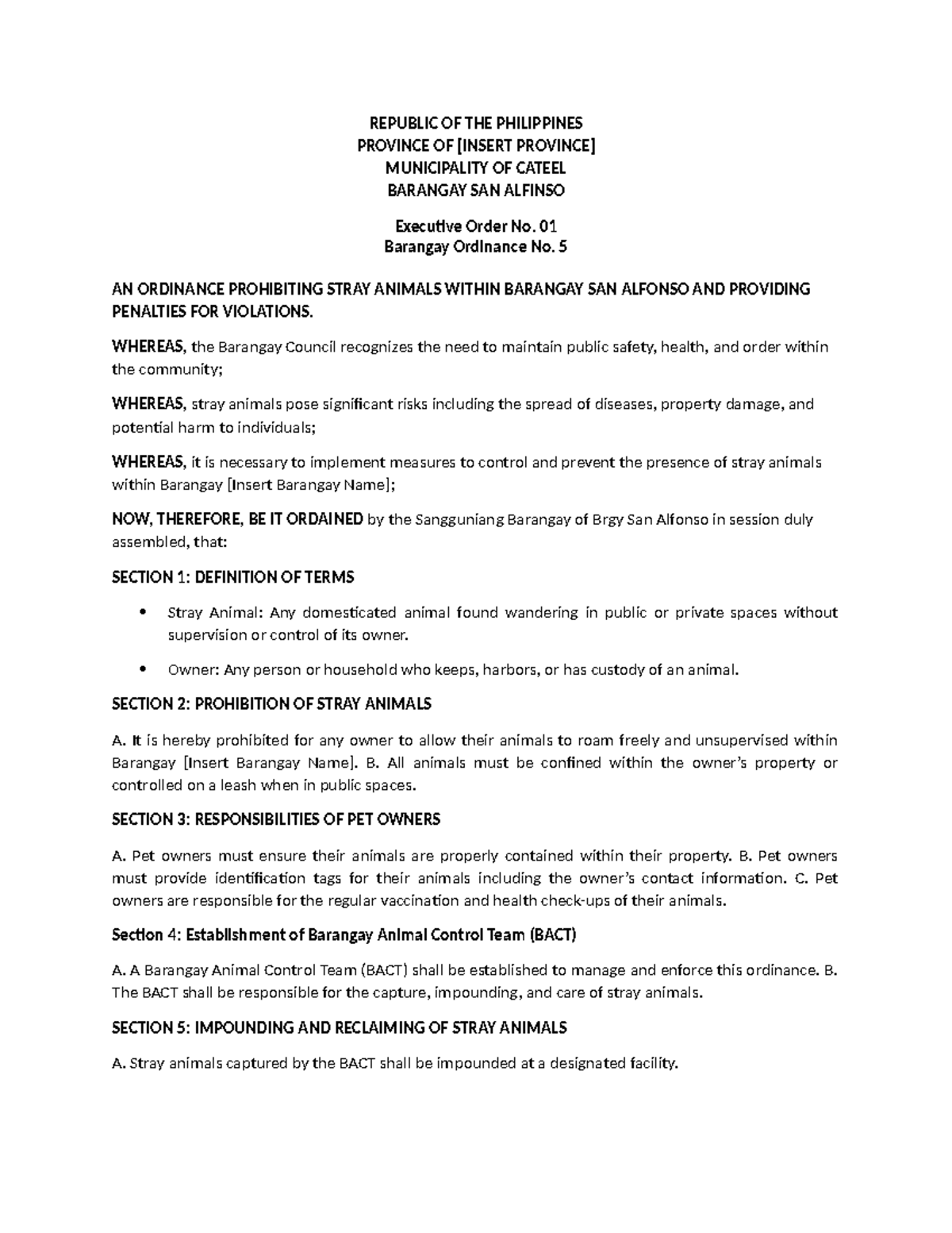 Ordinances FILE - ASTRAY ANIMALS ORDINACE - REPUBLIC OF THE PHILIPPINES ...