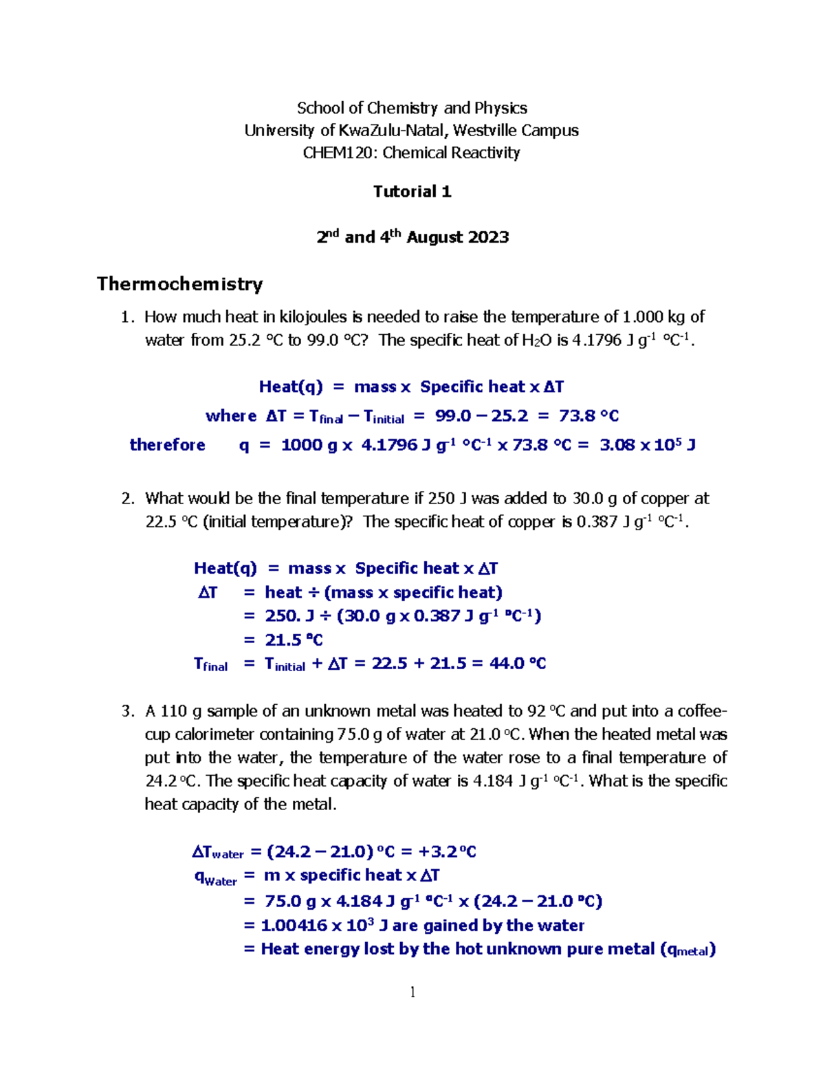 Tutorial 1 solutions - School of Chemistry and Physics University of KwaZulu-Natal, Westville ...