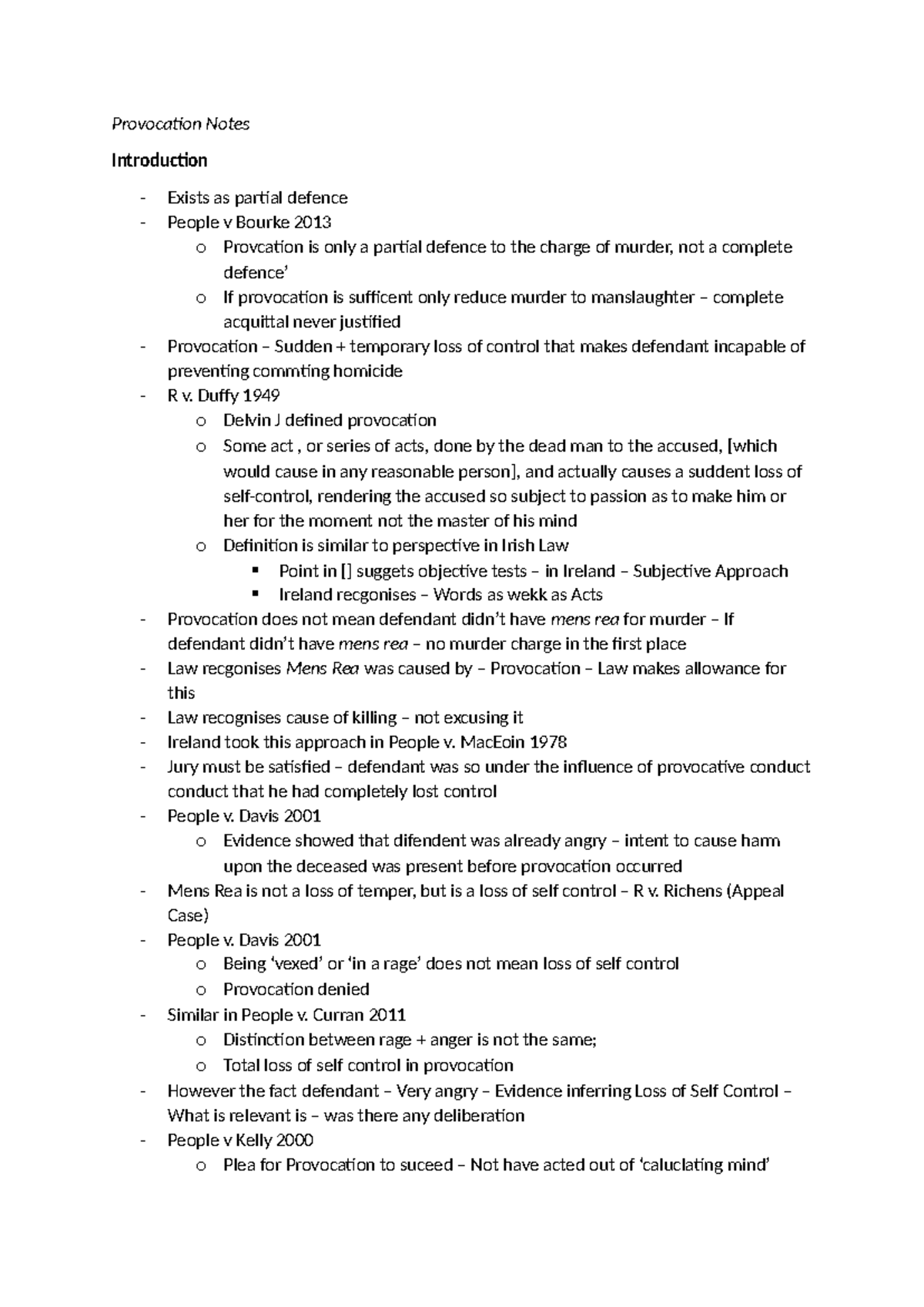 Provocation - Summary An Introduction to Irish Criminal Law ...