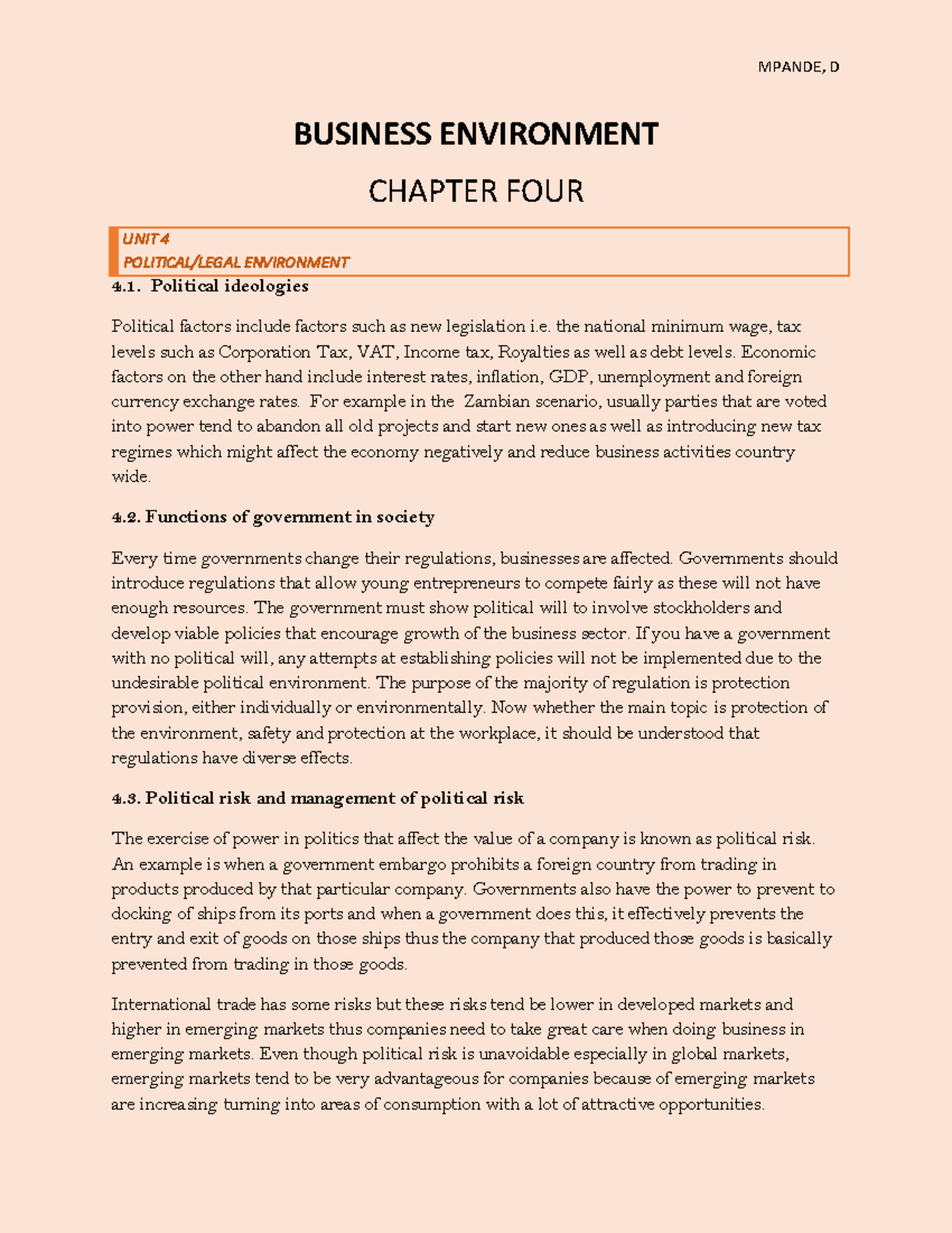 Business Environment CH4 chapter four - MPANDE, D BUSINESS ENVIRONMENT ...