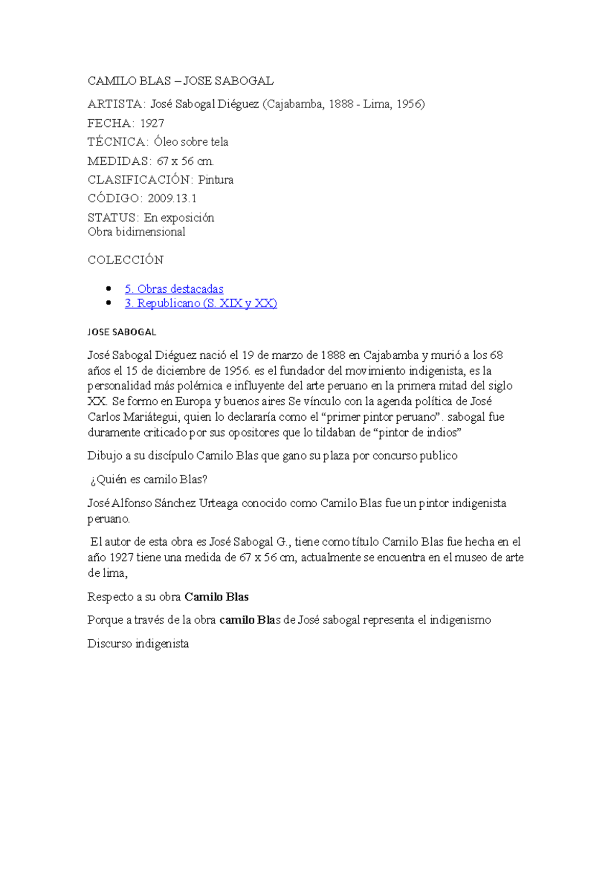 Camilo BLAS - CAMILO BLAS – JOSE SABOGAL ARTISTA: José Sabogal Diéguez (Cajabamba, 1888 - Lima ...