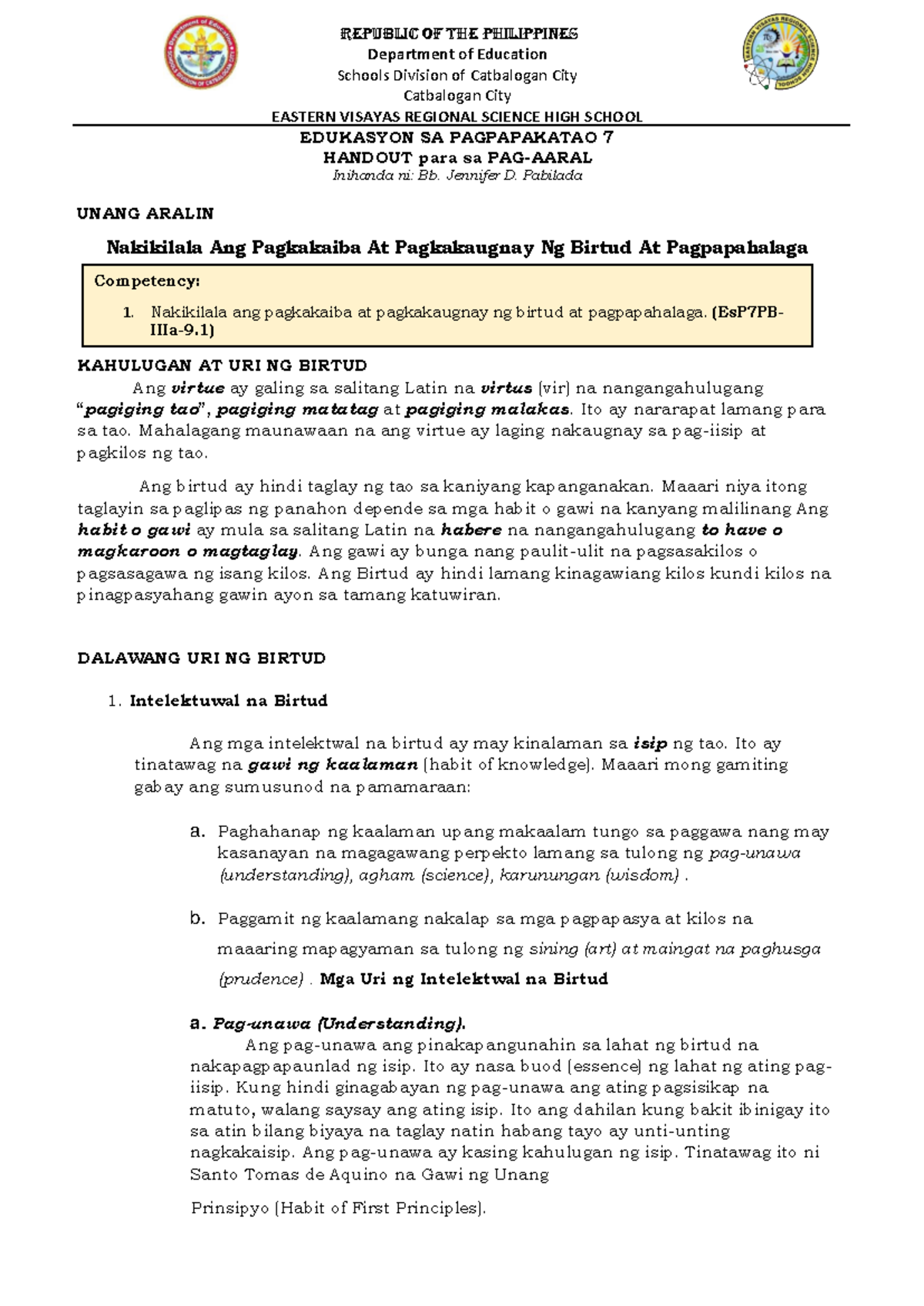 Handoutsa Es PQ 3 - HANDOUT - Republic of the Philippines Department of ...