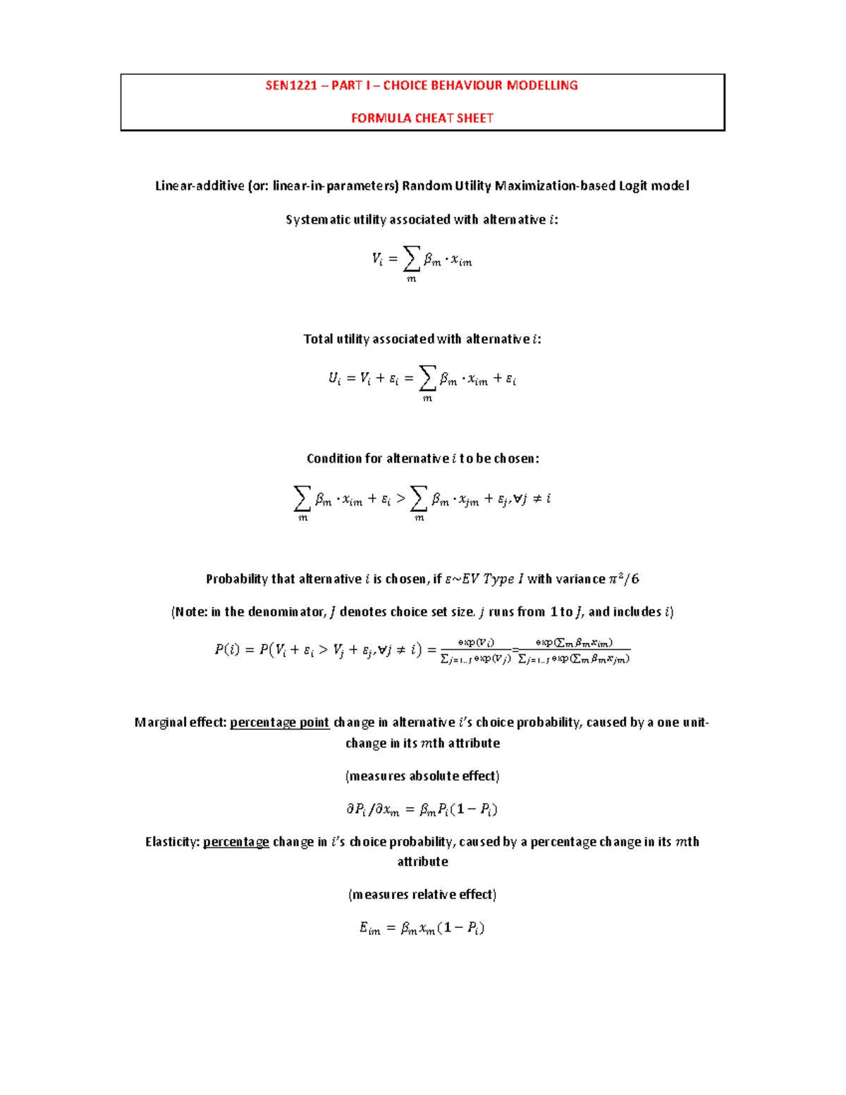 Formula Cheat Sheet SEN1221 PART I CHOICE BEHAVIOUR MODELLING