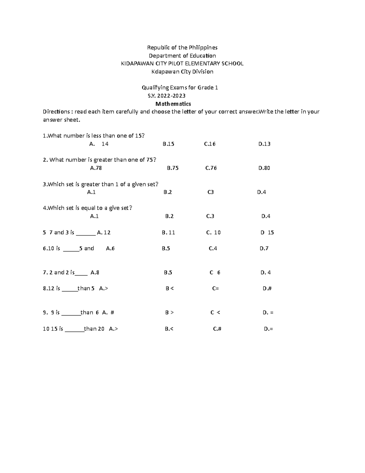 Math qualifying exams - Republic of the PhilippinesDepartment of ...