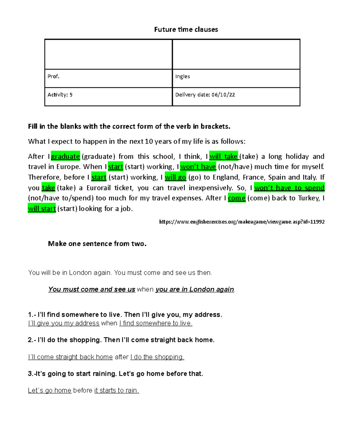 Topic 9. Future time clauses activities - Future time clauses Prof ...