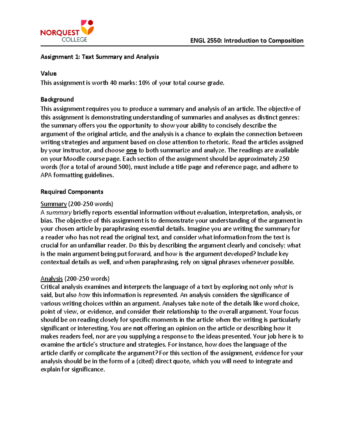 Assignment 1 (2022 update) - ENGL 2550: Introduction to Composition ...