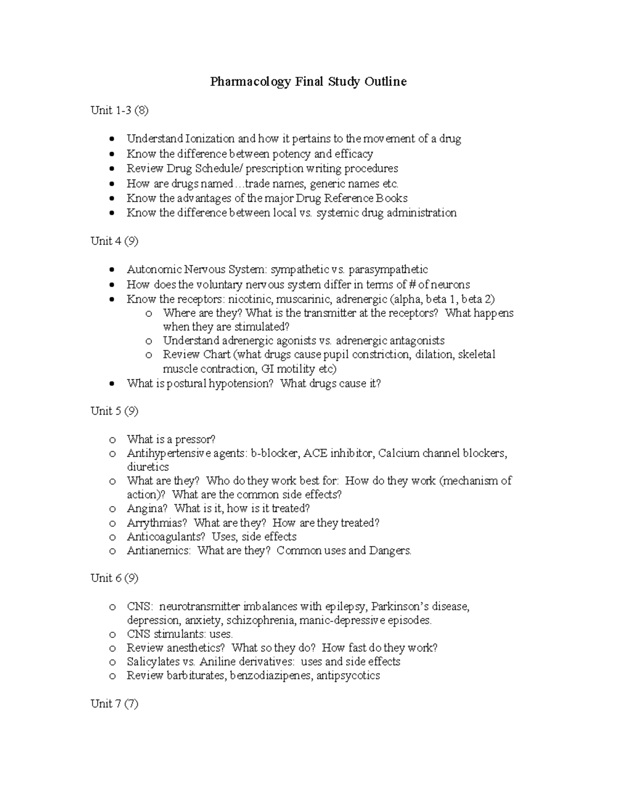Pharmacology Final Study Outline - . names, generic names etc. Know the ...