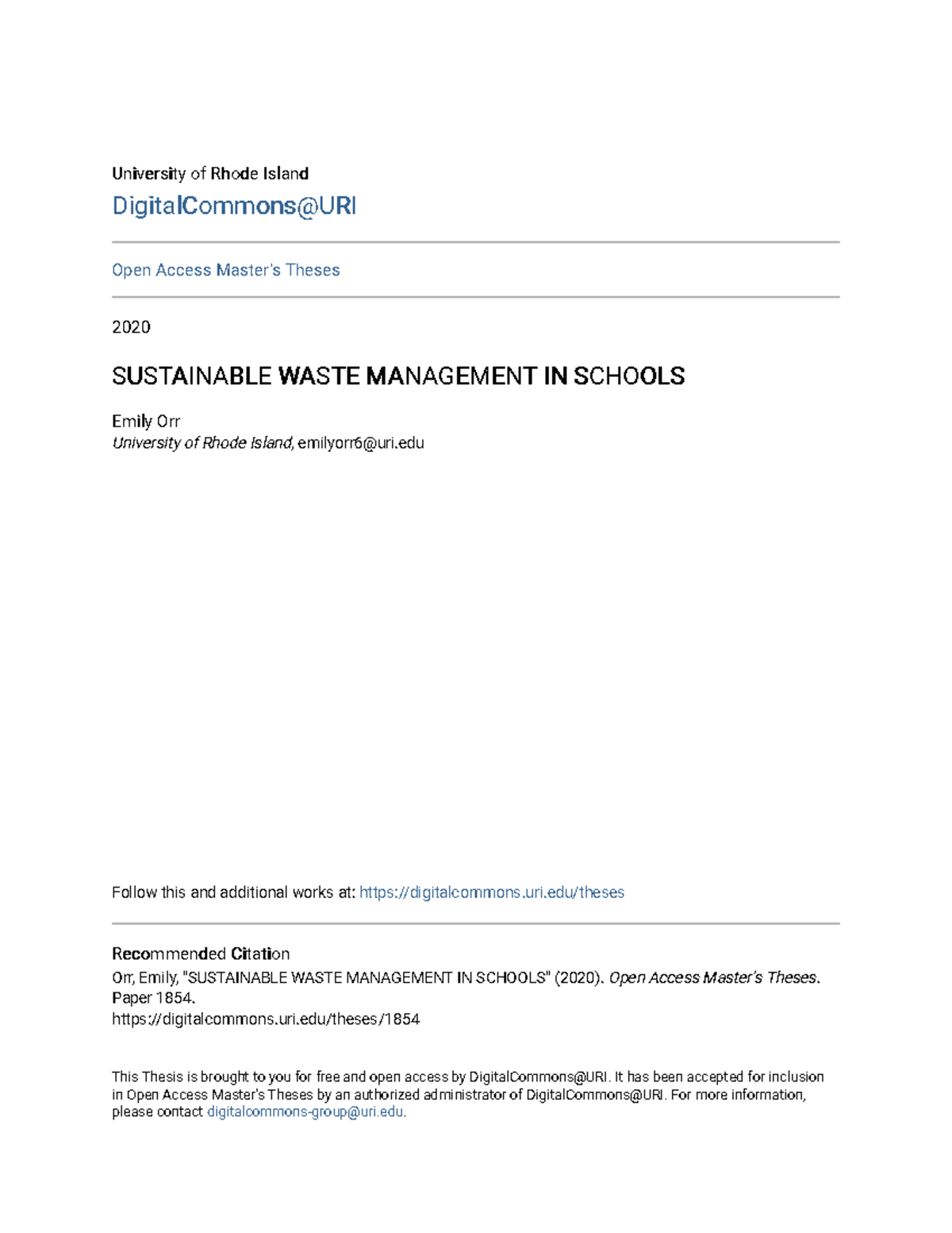 Sustainable Waste Management IN Schools - University of Rhode ...