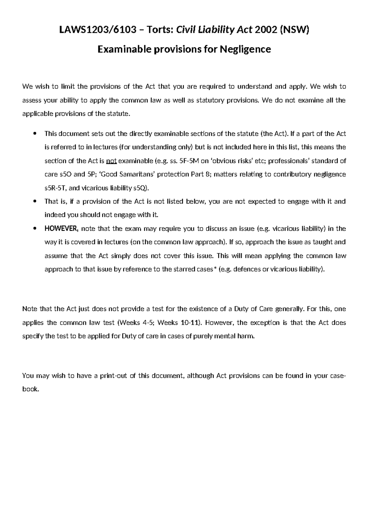 2024 Torts Negligence Civil Liability Act sections - LAWS1203/6103 ...