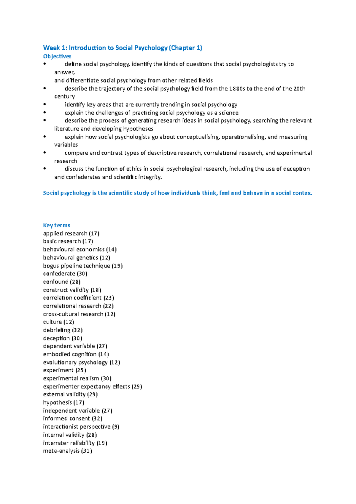 PSY2001 6 Social Psychology Exam notes - Week 1: Introducion to Social ...