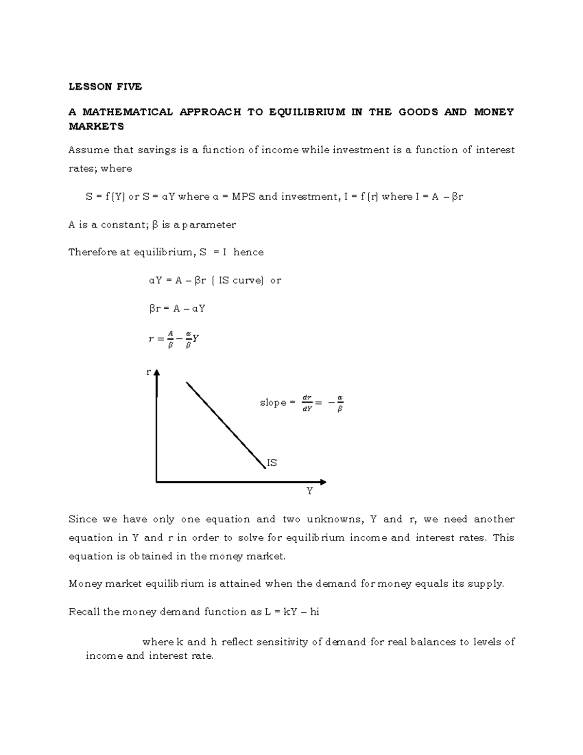 Lesson FIVE - THE IS -LM Model ( Mathematical Approach) - LESSON FIVE A ...