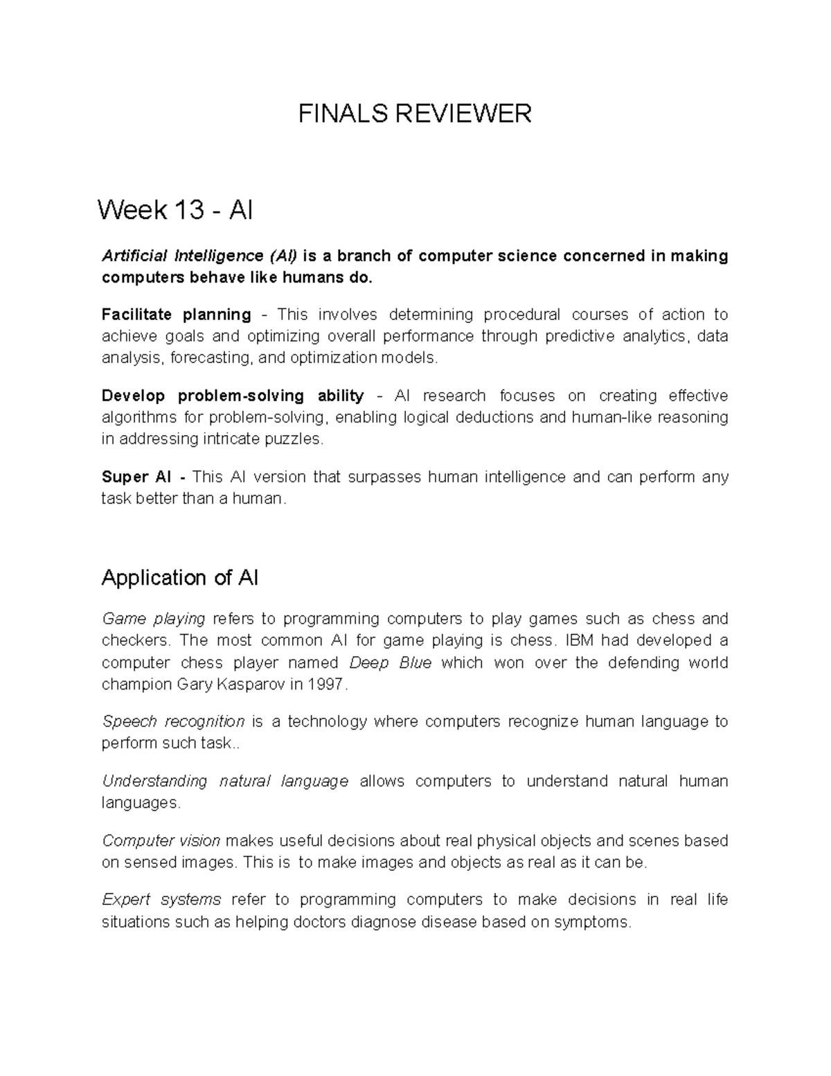 Finals Reviewer - FINALS REVIEWER Week 13 - AI Artificial Intelligence ...
