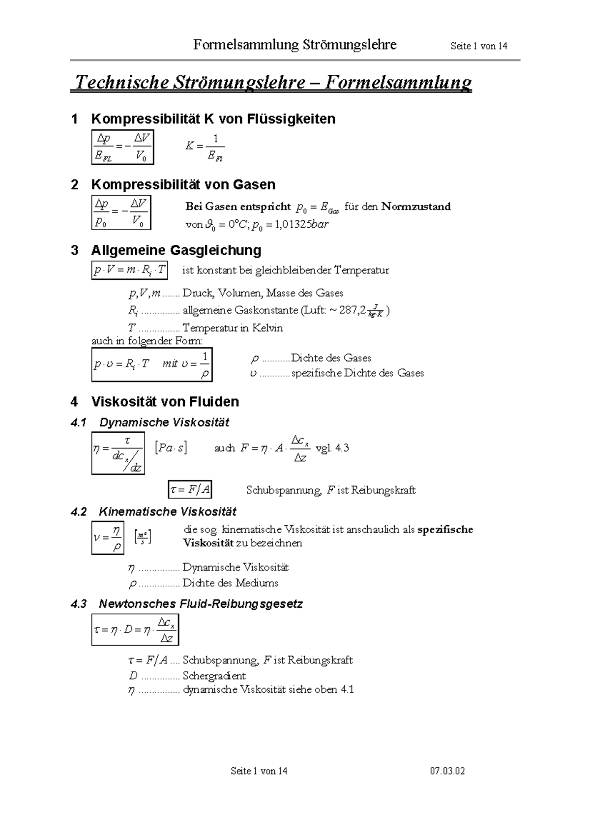 Stroemungsmechanik Formeln - Technische Strömungslehre – Formelsammlung ####### 1 ...