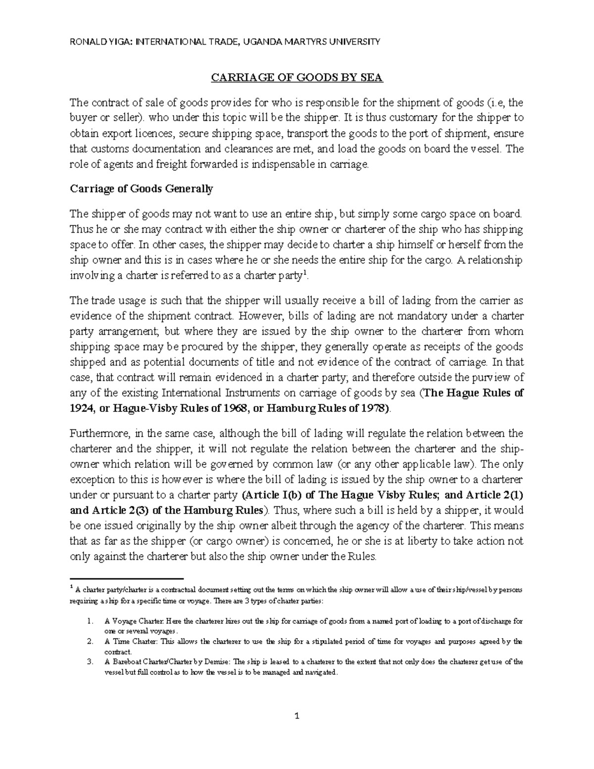 Contract Of Carriage By Sea – Carriage Of Goods By Sea Convention – HDAU