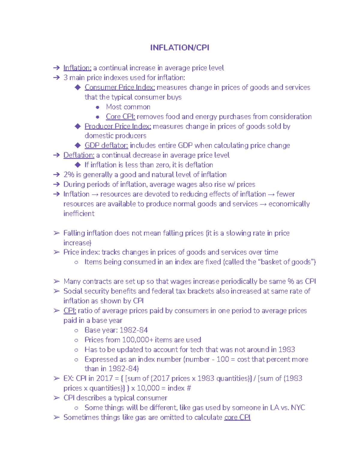 Inflation and CPI Notes - ECON 1010 - Vandy - Studocu