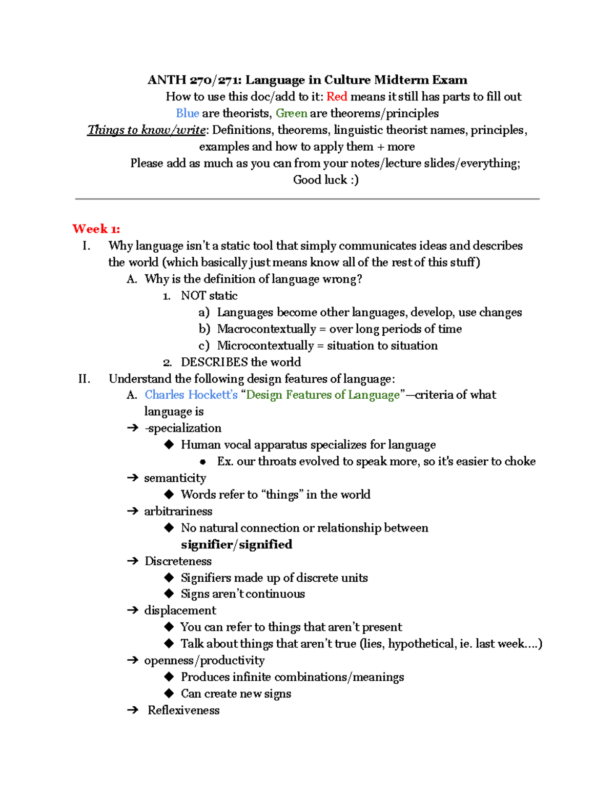 ANTH 271 Midterm 1 Study Guide - ANTH 270/271: Language in Culture Midterm Exam How to use this ...