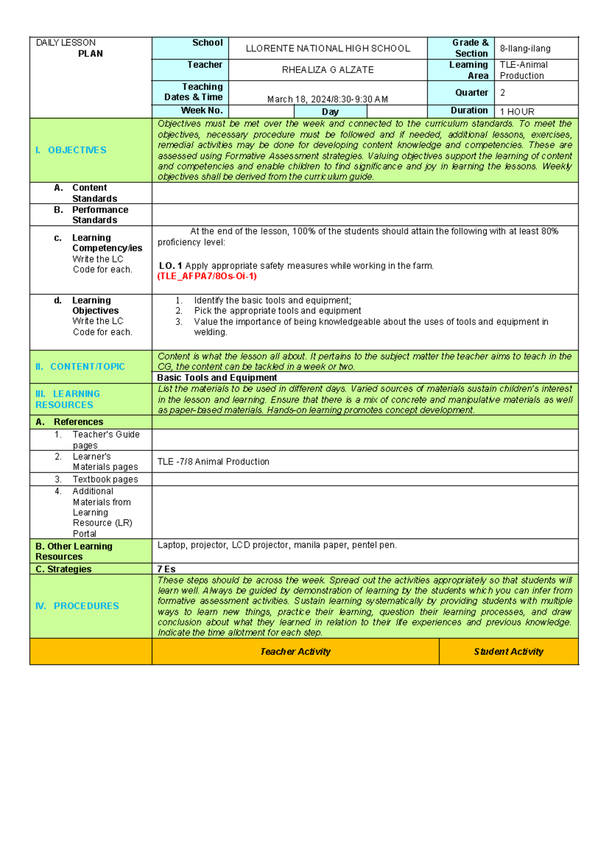 Tle Mtools LP - DAILY LESSON PLAN School LLORENTE NATIONAL HIGH SCHOOL ...