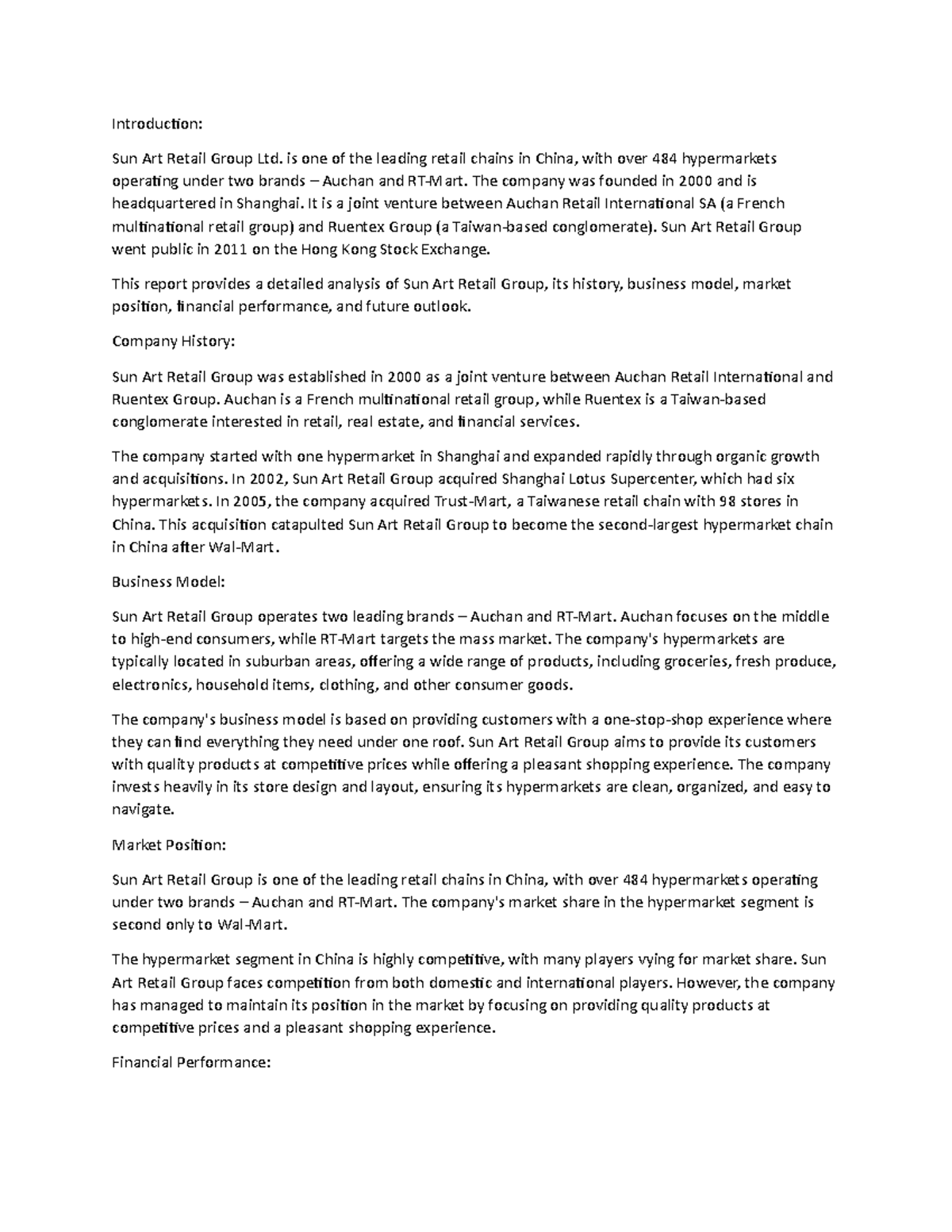 Sun Art Retail Group 2 - Introduction: Sun Art Retail Group Ltd. is one ...