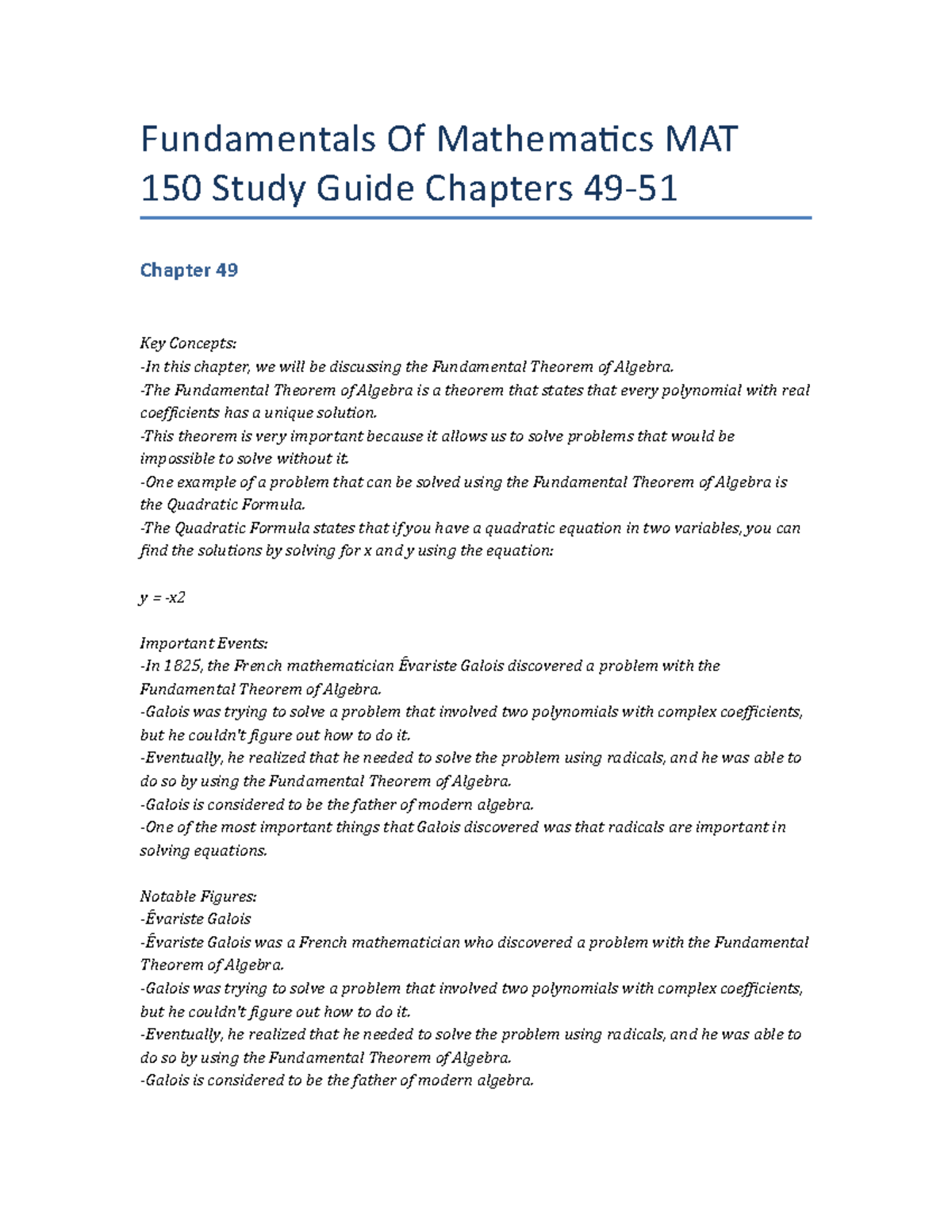 Fundamentals Of Mathematics MAT 150 Study Guide Chapters 49-51 -The ...