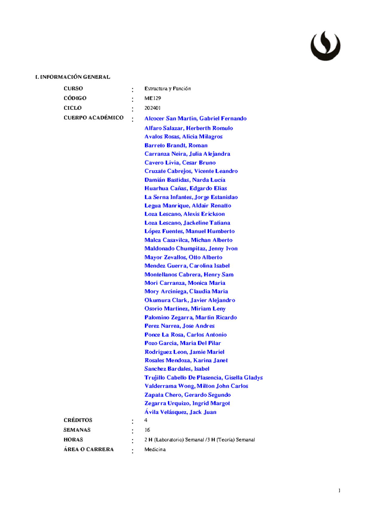 ME129 Estructura y Funcion 202401 - I. INFORMACIÓN GENERAL CURSO ...