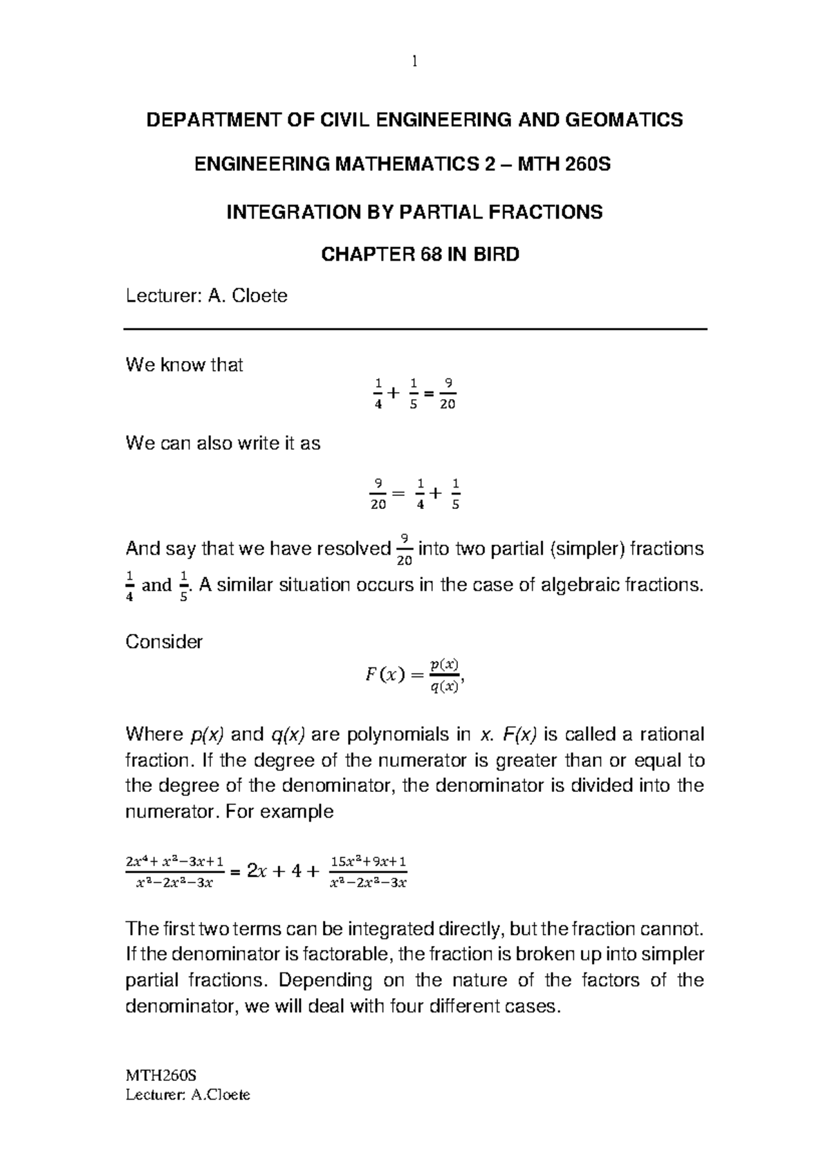 Int by Part Fractions Notes - MTH260S DEPARTMENT OF CIVIL ENGINEERING ...