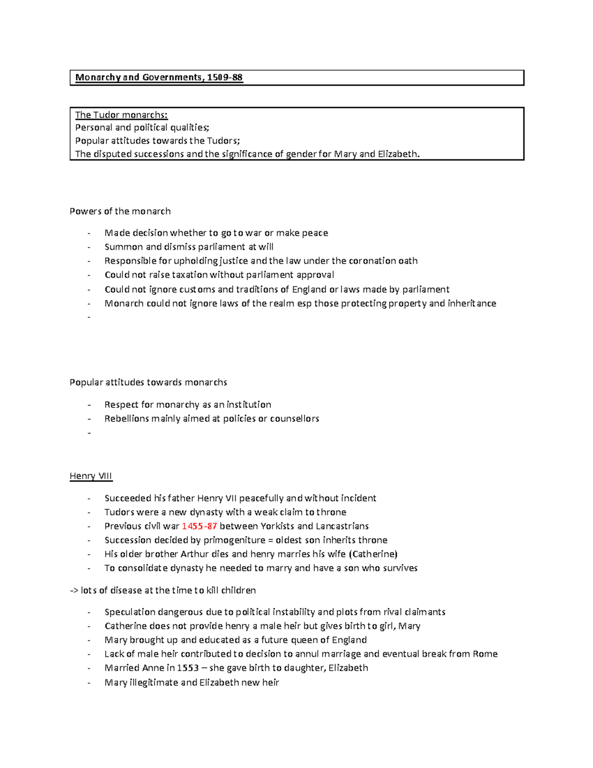 History Tudor A-Level Notes - Monarchy and Governments, 1509- 88 The ...