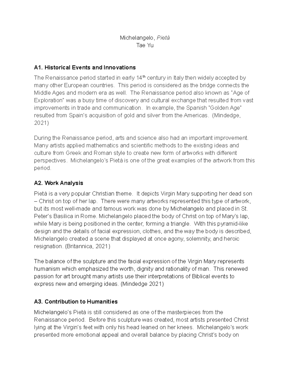C100 Task TY 2021 - Final - Michelangelo, Pietà Tae Yu A1. Historical ...