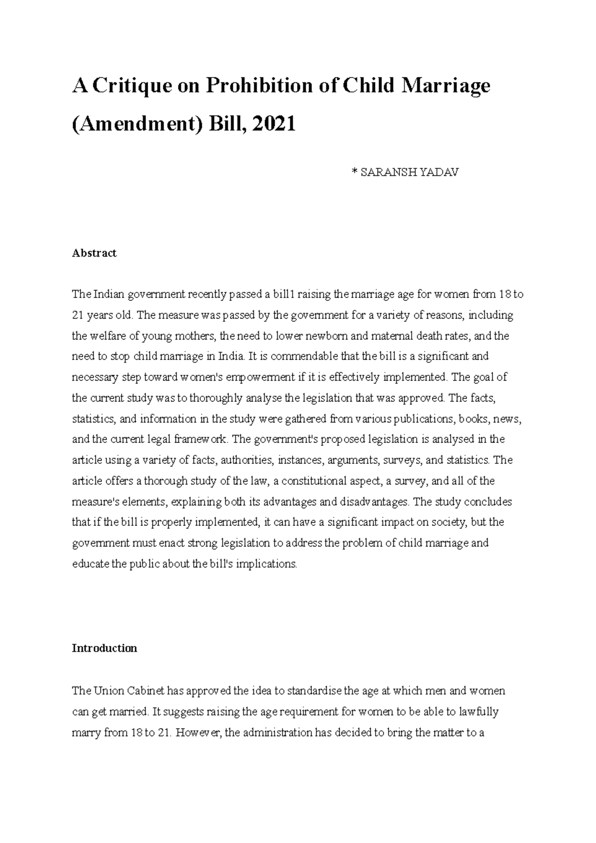 A Critique on Prohibition Of Child Marriage (Amendment) Bill, 2021 ...