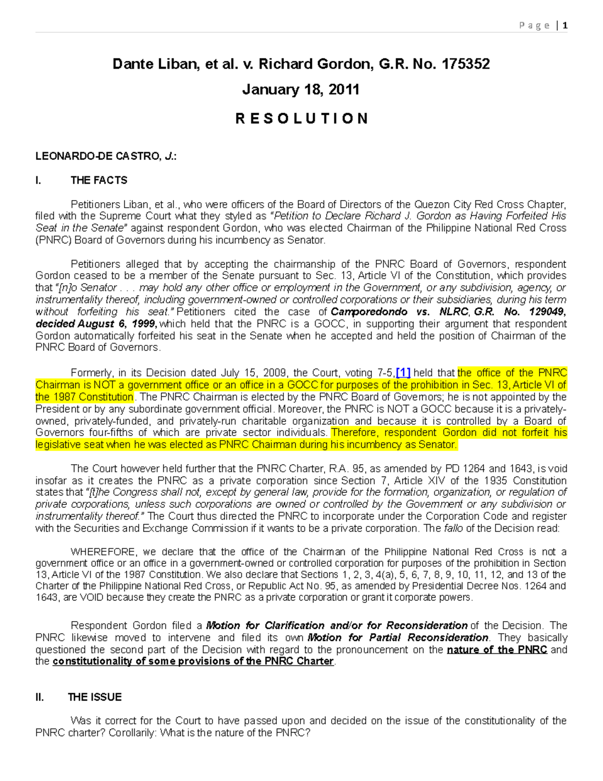 Pub Cor-Digest - Simple notes - Dante Liban, et al. v. Richard Gordon ...