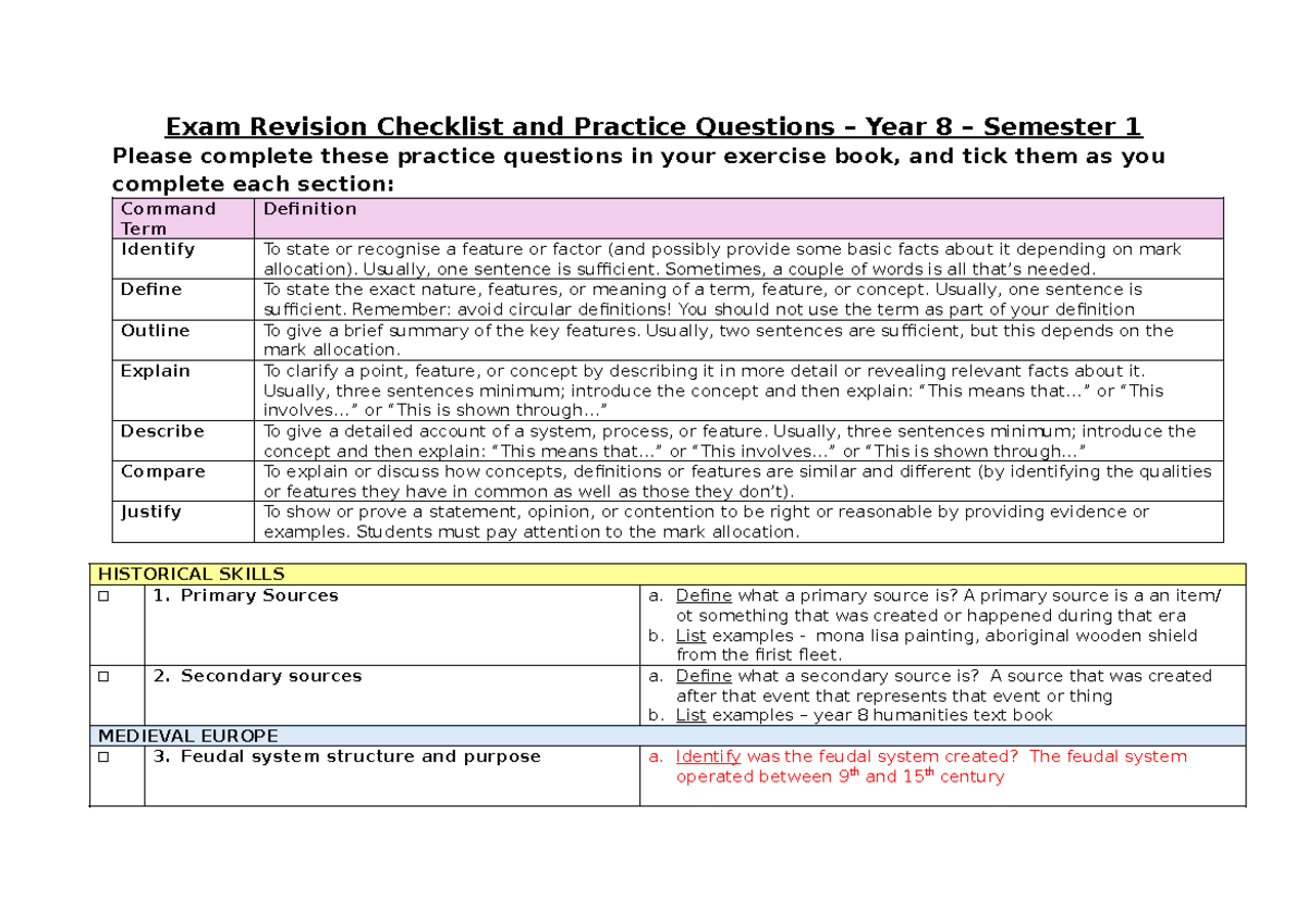 Exam Revision Checklist - Semester 1 - Exam Revision Checklist and ...