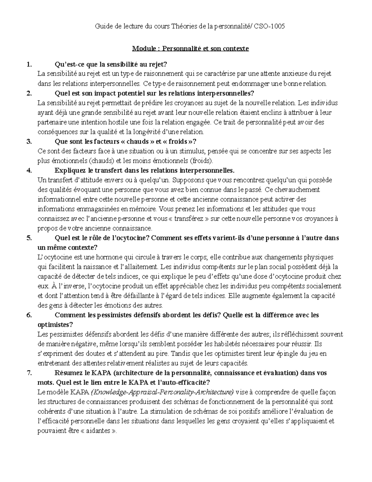#11 Personnalité et son contexte - Guide de lecture du cours Théories ...