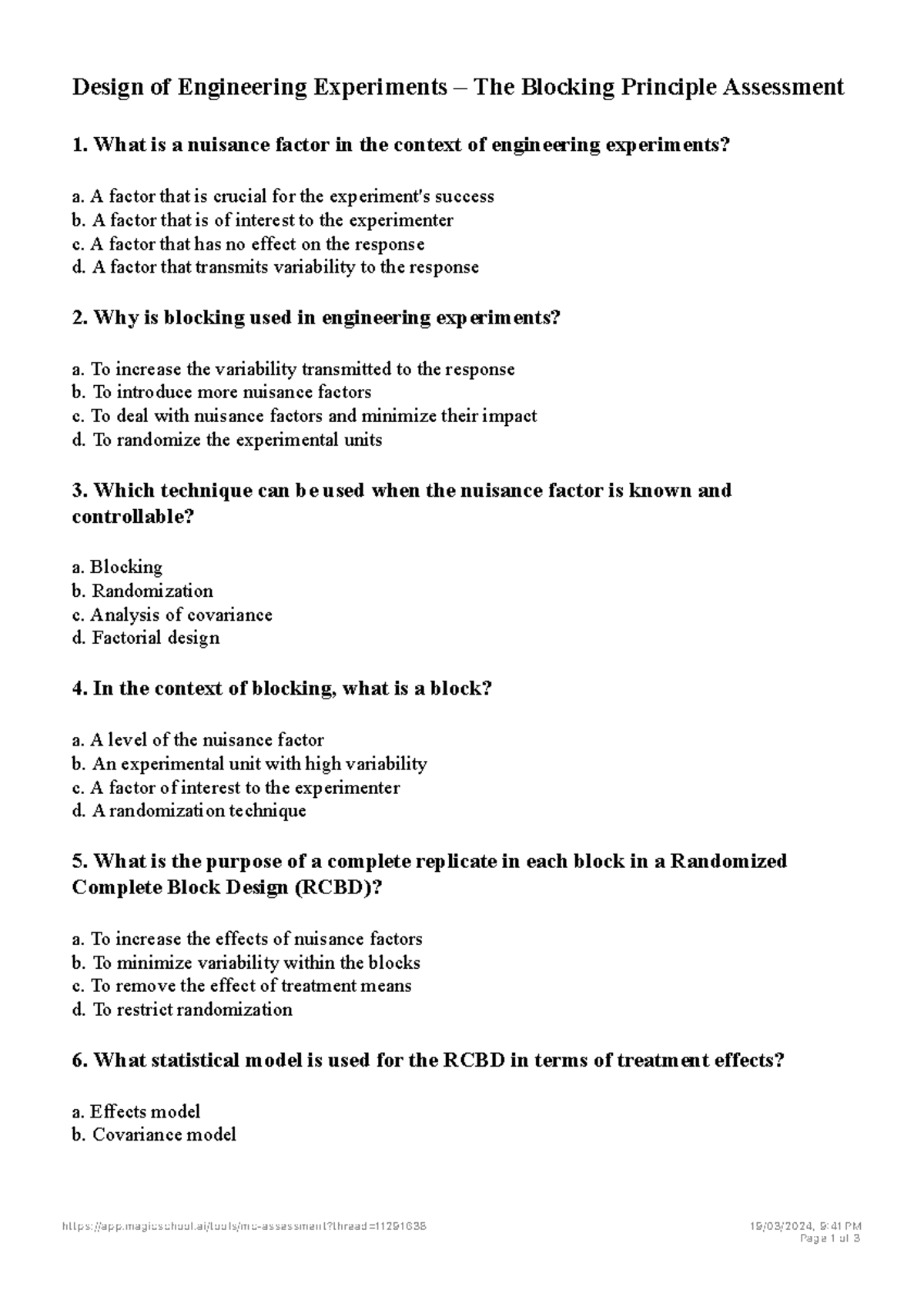 Ch4 mcq - .lklklk - Design of Engineering Experiments – The Blocking Principle Assessment 1 ...
