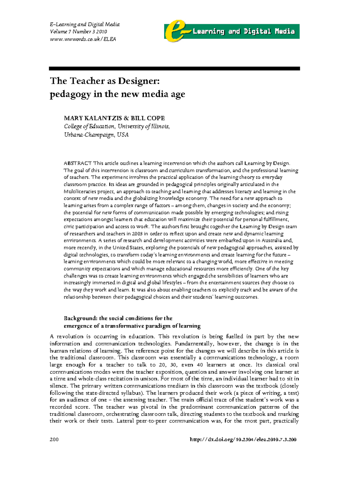 Kalantzis and Cope (2010 ) The Teacher as Designer - E–Learning and ...