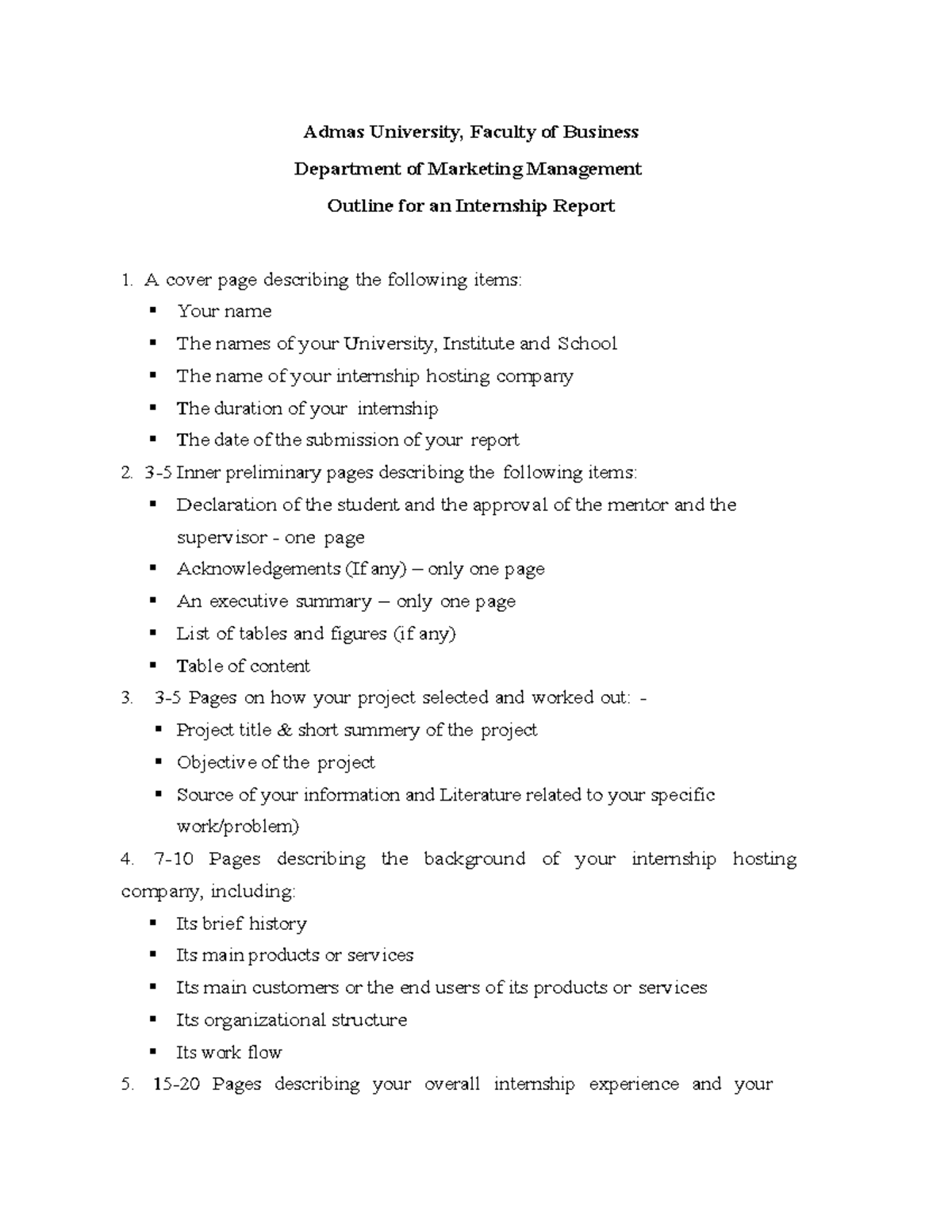 Outline for an Internship Report, Marketing mgmt - Admas University ...