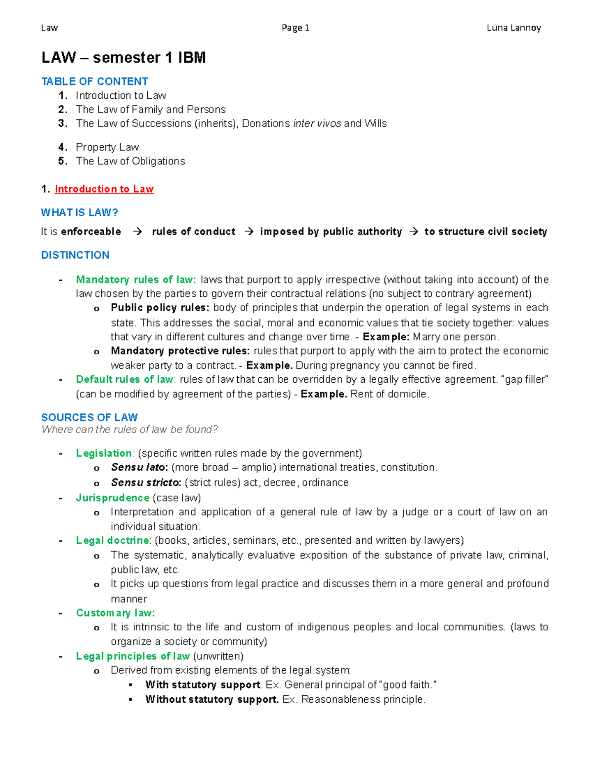 LAW- Summary - Law Page 1 Luna Lannoy LAW semester 1 IBM TABLE OF ...