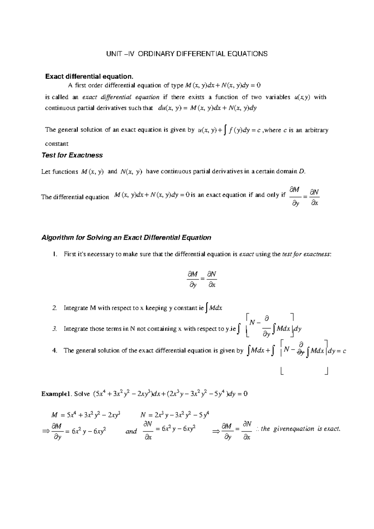 Ordinary Differential Equations Notes - UNIT – IV ORDINARY DIFFERENTIAL ...