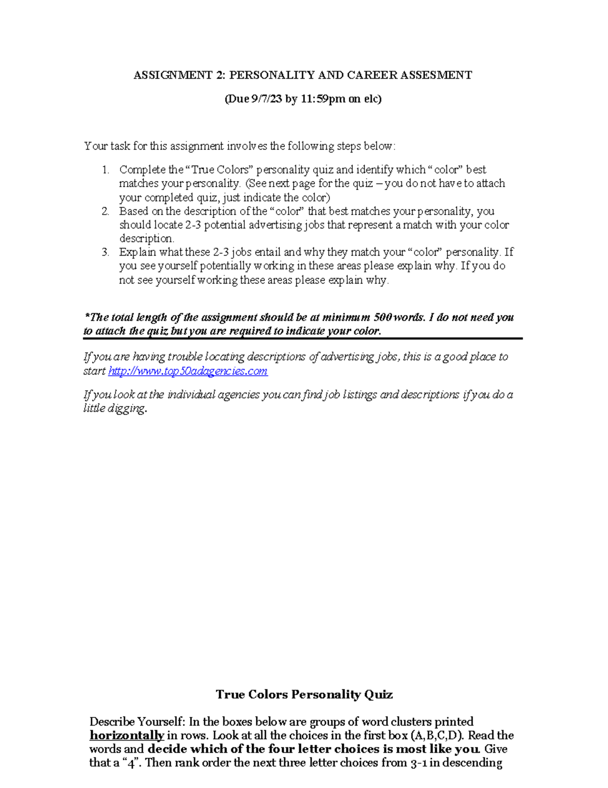 Assignment 2- Personality and Career Assessment - ASSIGNMENT 2 ...