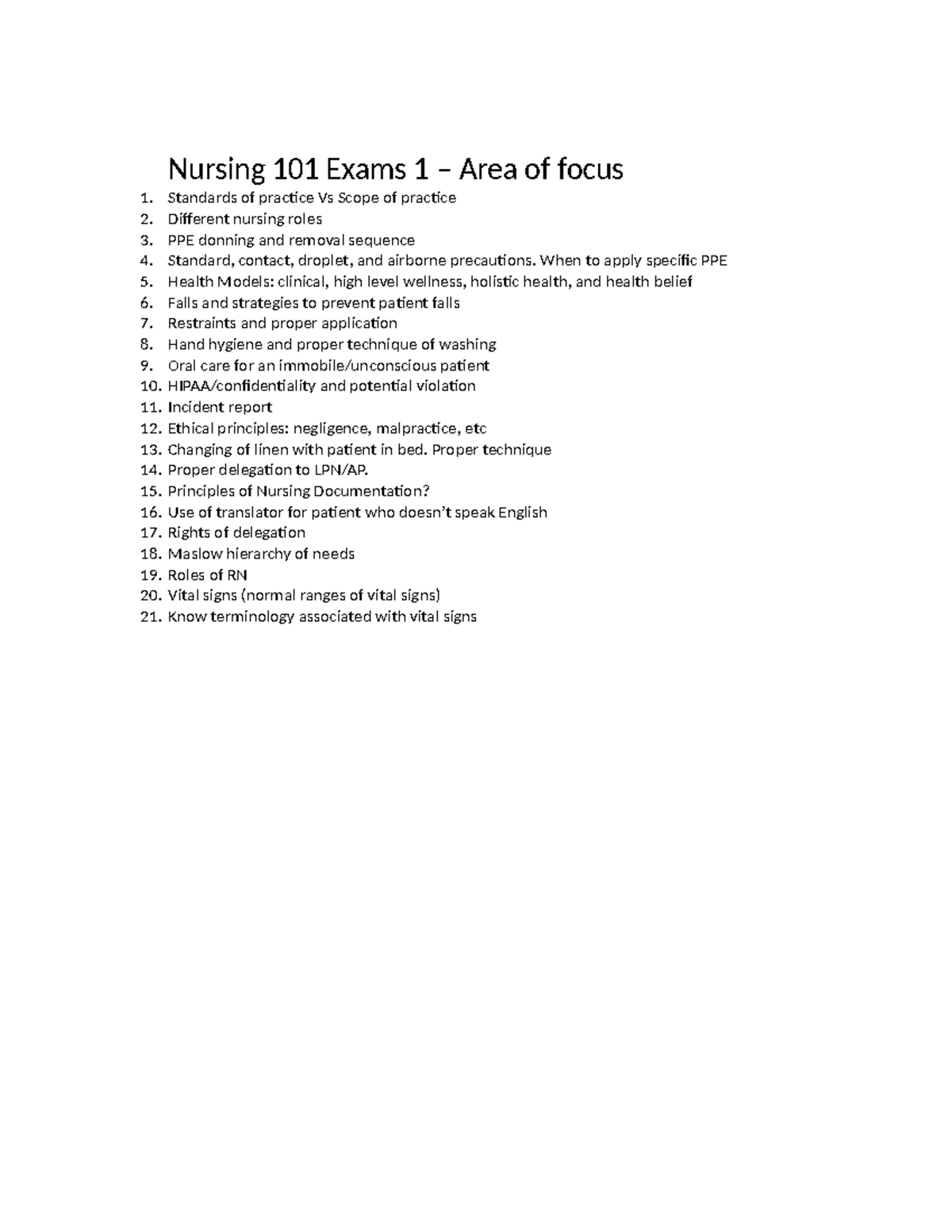 Exams 1 guide nursing 101 - Nursing 101 Exams 1 – Area of focus 1 ...