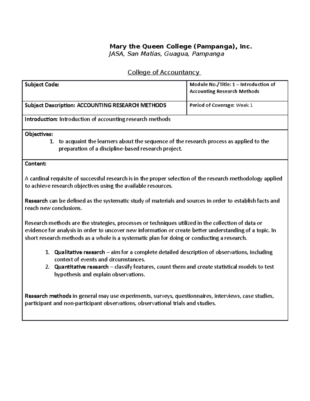 RM-Module-1 - research methods - Mary the Queen College (Pampanga), Inc ...